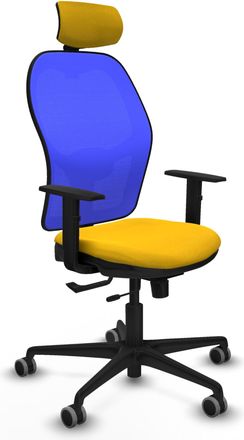 Piqueras y Crespo Ergonomischer Stuhl f&uuml;r lange Tage mit 1D-Armlehnen, h&ouml;henverstellbare Lendenwirbelst&uuml;tze und h&ouml;henverstellbares Kopfteil, Blau/Gelb