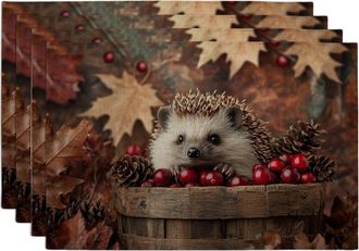 Generic Herbst Igel Tischsets Platzdeckchen Esstischunterlagen rutschfest waschbar Indoor Outdoor Tischsets 4er Set Herbst Deko Tischsets