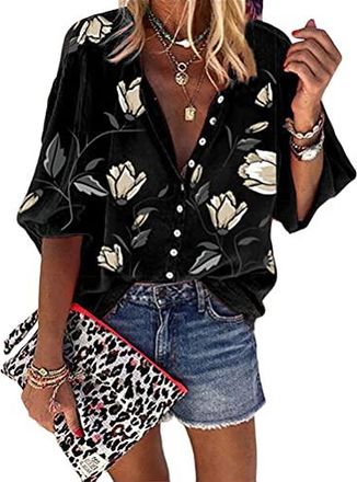 Onsoyours Femme Chemisiers Chic Col V Manche Longues Solide Bouton Blouse Mode Décontracté Lâche Haut Tunique Tops X Noir L