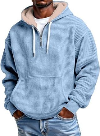 Generic Sweat &agrave; capuche pour homme avec fermeture &eacute;clair 1/4 - Confortable - Manches longues - Pull dext&eacute;rieur - Couleur unie - Pull en tricot - Haut d&eacute;contra