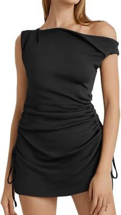 Generic Mini robe moulante d&eacute;t&eacute; pour femme - Robe moulante sexy asym&eacute;trique tendance avec cordon de serrage lat&eacute;ral - Robe de vacances, cocktail, club, f&ecirc;te -