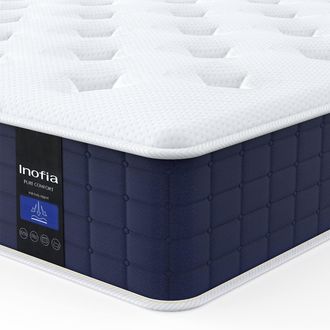 Inofia Einzelbett-Matratze, 90 cm, Memory-Schaum, Taschenfederkern, Kantenunterst&uuml;tzung, Bewegungsisolierung, Hybrid, fest, blau/wei&szlig;, mittel fest