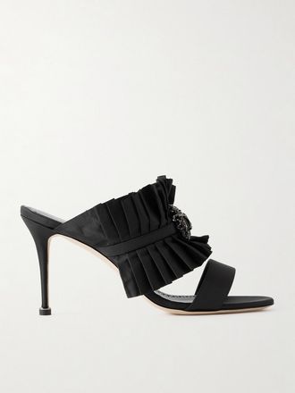 Manolo Blahnik Mules En Soie &Agrave; Plis Et &Agrave; Ornements Danteuil 90 - Noir