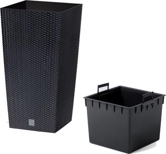 Prosperplast Blumentopf in Rattan-Optik Pflanzkübel mit Einsatz | 32,5 x 32,5 x 61 cm | anthrazit | wetterfest & UV-beständig | aus robustem Kunststoff | für Innen