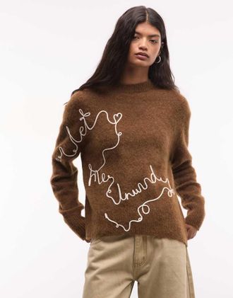 AllSaints Unwind bestickter Strickpullover in Braun-ROT