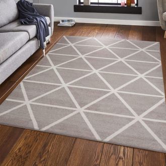 Vimoda Teppich Kurzflor Pastellfarben Weiss Rauten Design Robust in versch. Farben, für Wohnzimmer, Schlafzimmer, küche, Farbe:Beige, Maße:200x280 cm