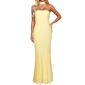 Generic Robe d&eacute;t&eacute; &eacute;l&eacute;gante pour femme - Robe longue moulante avec d&eacute;collet&eacute; - Pour mariage formel, cocktail, soir&eacute;e, jaune, L