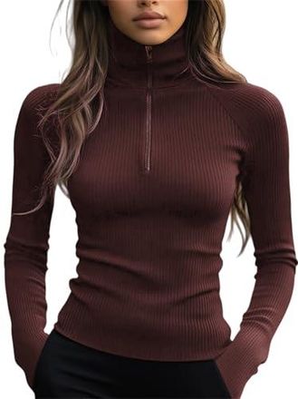 Generic Pull &agrave; col roul&eacute; c&ocirc;tel&eacute; pour femme - Couche de base thermique &agrave; manches longues - Tenue dautomne tendance, Rouge, XXL