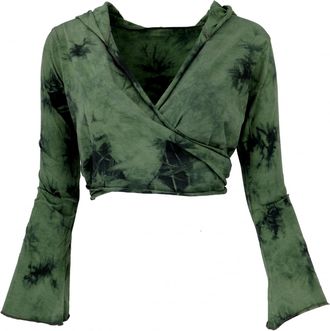 Guru Shop Wickeltop, Yogatop, Langarmshirt mit Trompetenärmeln - Batik/grün, Damen, Baumwolle, Size:M