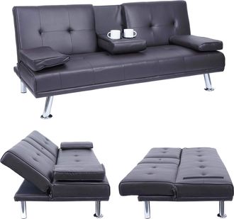 Mendler 3er-Sofa HWC-F60, Couch Schlafsofa Gästebett, Tassenhalter verstellbar 97x166cm - Kunstleder, braun
