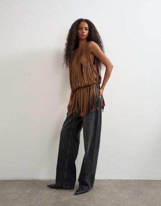 Topshop Oberteil mit Fransen in Braun