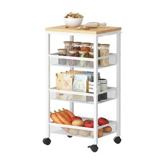 Relaxdays Nischenwagen, HxBxT: 77x22x45 cm, schmales Nischenregal Bad & K&uuml;che, 4 Ebenen, Rollregal Metall, Natur/wei&szlig;