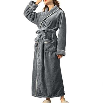 Generic Robe de chambre dhiver pour femme - Robe chaude et confortable &agrave; col ch&acirc;le avec poches, coupe droite, chemise de nuit dhiver &agrave; manches longues, gris, 