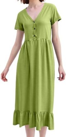 Generic Robe d&eacute;t&eacute; pour femme avec boutons de couleur unie, manches courtes, en coton et lin, patchwork pliss&eacute;, robe d&eacute;t&eacute;, robe boh&egrave;me, robe ample pour les vac