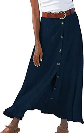 Generic Jupe Lin Femme Taille Haute, Jupe Ete Fente avec Boutons Solide DéContractéE Jupes Mi Longue Chic Et élégant Grande Taille Léger Fluide Coton Et Lin D