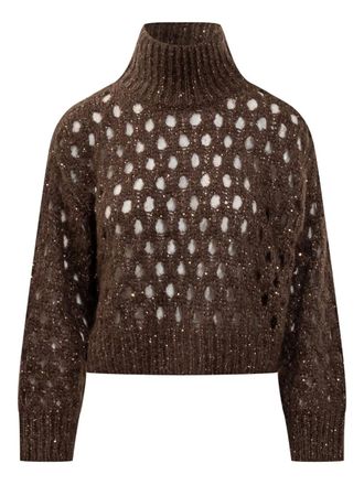 Brunello Cucinelli pull orné de sequins à col v - Marron