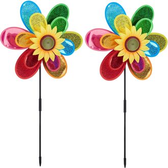Relaxdays Windrad Blume, 2er Set, Windspielstecker Garten & Balkon, HBT: 75 x 38 x 14 cm, Windmühle reflektierend, bunt