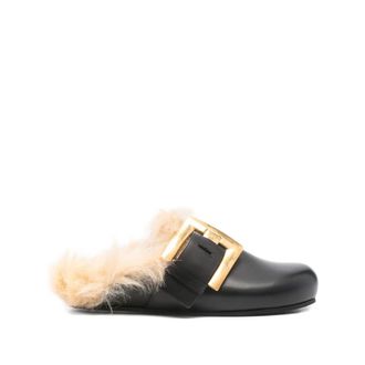 Balmain Femme, Chaussures, Noir, Taille: 36 EU Mules plates en cuir et fausse fourrure