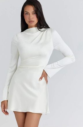 House of CB Lulu - Satin-Minikleid in Elfenbein mit Trompeten&auml;rmeln-Wei&szlig;