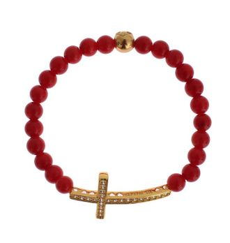 Nialaya Rotes Korallen Gold CZ Kreuz 925 Silberarmband