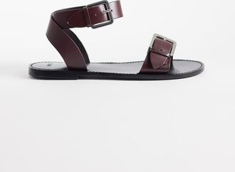 Mango Flache Sandalen aus 100% Leder in Schokobraun mit Schnallendetail