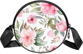Generic Petit sac &agrave; bandouli&egrave;re circulaire pour femme, motif feuilles florales, sac &agrave; dos avec fermeture &eacute;clair, bretelles r&eacute;glables, sac &agrave; main rond d&eacute;contra