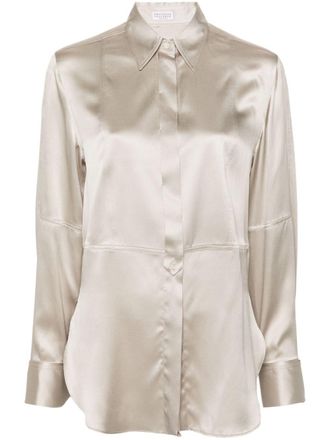 Brunello Cucinelli chemise en satin à col pointu - Gris