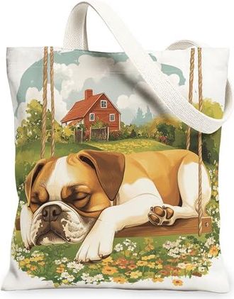 Generic Sac fourre-tout en toile motif chien boxer printanier 33 x 38,1 cm, sac d&eacute;picerie r&eacute;utilisable pour femme, peinture esth&eacute;tique, d&eacute;coration cadeau