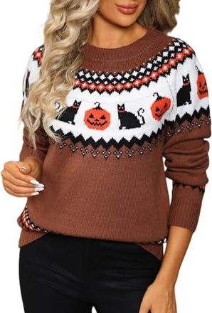 Generic Pull Oversize Femme Halloween Pull Over Tricoté À Motif dhalloween Imprimé Col Rond À Manches Longues Sweater Tops Tunique Pas Cher Automne-Hiver Gran