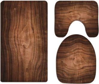 A.Monamour Badezimmer Badematte 3 Teilig Set Braune Walnussholz Textur Hintergrund Flanell WC Toilette Deckel Deckt Bad Matte Teppich Badteppiche Badvorleger Bad