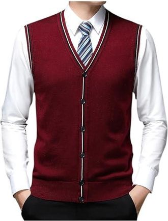 Generic Gilet Homme sans Manches, Cardigan Col V à Boutons en Laine pour Tenue Élégante en Superposition Automne-Hiver(Red,XX-Large)