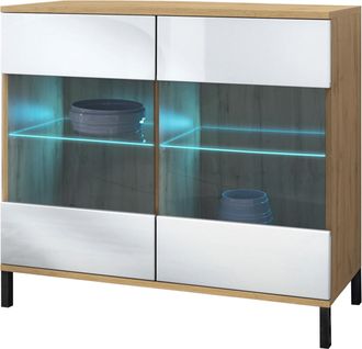 Vladon Kommode Bari V3, Moderner K&uuml;chenschrank mit 2 gro&szlig;en Glast&uuml;ren inkl. RGB Beleuchtung Eiche Evoke/Wei&szlig; Hochglanz (92,5 x 83.5 x 35)