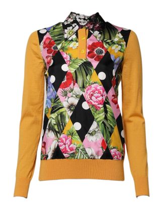 Dolce & Gabbana Womens Multicolor Floral Long Sleeves Polo Top Cashmere Silk Nylon
