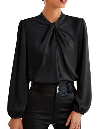 Grace Karin GRACE KARIN Bowtie Bluse Damen rockabily Langarm Oberteil Schwarz top CL2199-1 XL