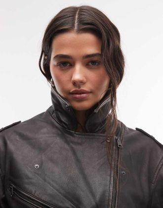 AllSaints Samina Leder-Bikerjacke in Schwarz/Braun