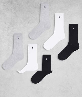 Polo Ralph Lauren 6er-Pack Crew-Socken in Wei&szlig;, Schwarz und Grau mit Markenlogo
