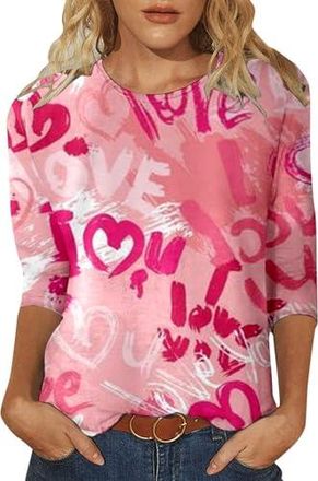 Generic T-shirt d&eacute;contract&eacute; &agrave; manches 3/4 et col rond imprim&eacute; pour la Saint-Valentin 2026, multicolore, S