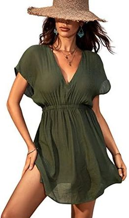 Cupshe Robe dété et de plage, cache-maillot de bain décontracté à col en V pour femme, manches courtes, taille élastique, tenue de plage 2024, vert foncé, Ta