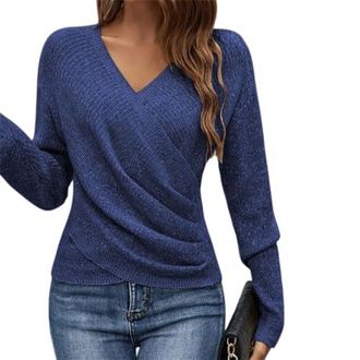Generic &Eacute;l&eacute;gant pull en tricot d&eacute;contract&eacute; pour femme, manches col en V, haut en tricot, haut cor&eacute;en, noir fonc&eacute;, XXL