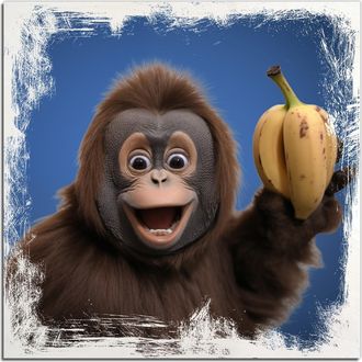 Wallario Wandbild aus Holz Lustiger AFFE mit Bananen - 40 x 40 cm in Premium-Qualität: Brillante Farben