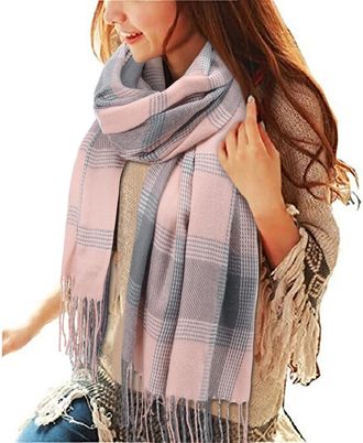 Heekpek Damen Kariert Oversized Kaschmir Schal Lange Winterschal Weich Wraps Gro&szlig; Karo Fransen Schal Warm Schal f&uuml;r Herbst Winter, Rosa grau