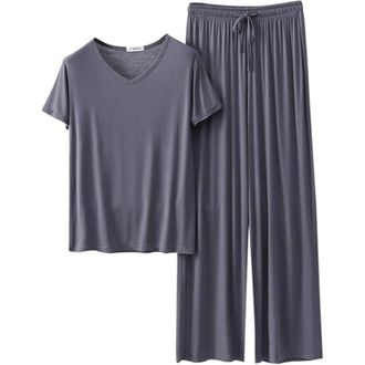 Generic Ensemble de v&ecirc;tements dint&eacute;rieur &agrave; col en V pour femme, haut &agrave; manches courtes et pantalon &agrave; jambes larges, v&ecirc;tements de nuit 2 pi&egrave;ces doux et respira
