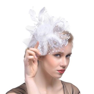Dreshow Fascinators Hut Blume Mesh B&auml;nder Federn auf einem Stirnband und einem geteilten Clip Cocktail Tea Party Headwear f&uuml;r M&auml;dchen und Frauen, - Wei&szlig; - Gr.