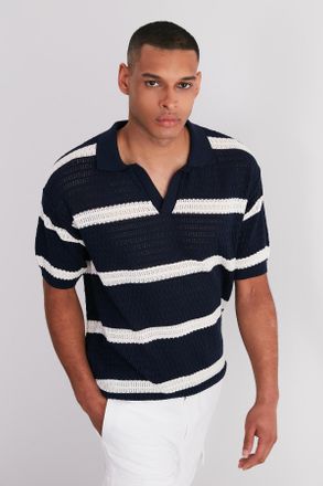 Trendyol MAN Jungen Dunkelblau Gestreift Kurz Regular Fit Poloshirts