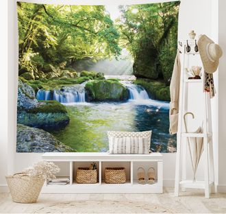 Abakuhaus Urwald Wandteppich und Tagesdecke, Laub Nebelgebirge aus Weiches Mikrofaser Stoff Waschbar ohne Verblassen Digitaldruck, 230 x 140 cm,Gelb Grün Blau