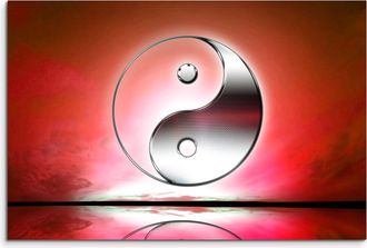 Paul Sinus Art Wandbild 120x80cm Naturfotografie - Yin und Yang Zeichen mit roten Hintergrund auf Leinwand für Wohnzimmer, Büro, Schlafzimmer, Ferienwohnung u.v.m. G