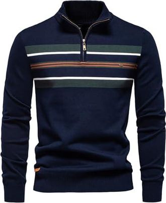 Generic Pull dhiver en tricot à manches longues pour homme avec fermeture éclair 1/4 - Col montant - Doux et chaud - Style décontracté - Couleur unie, bleu ma