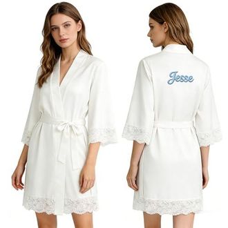 Generic Robe de chambre kimono brod&eacute;e personnalis&eacute;e en satin avec bordure en dentelle et col en V pour mari&eacute;e, demoiselles dhonneur et cadeaux de mariage, bla