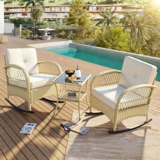 STILVORA Salon de Jardin avec 2 Fauteuils &agrave; Bascule et 1 Table Basse en Verre, pour Balcon et Terrasse, Rotin, Tissu Imperm&eacute;able et M&eacute;tal, Beige