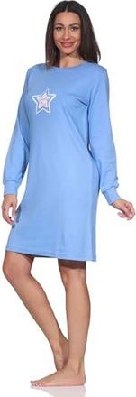 Normann Chemise de nuit à manches longues pour femme en qualité interlock douillette avec poignets aspect étoiles, bleu, 42-44